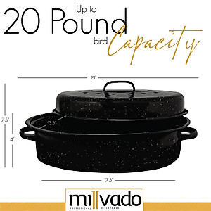 Millvado Roasting Pan With Lid, Thanksgiving Turkey Roaster Pan, Extra Large 20 lb Capacity, 19" Granite Oven Roaster Oval Shaped Speckled Enamel on Steel Cookware