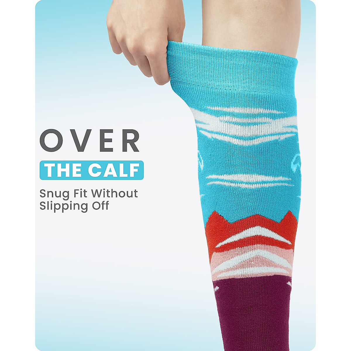 OutdoorMaster Ski Socks, 2-Pair Pack Skiing and Snowboarding Thermal Socks for Women with Over the Calf Design w/Non-Slip Cuff, Mountain Patterns - Henna, Medium