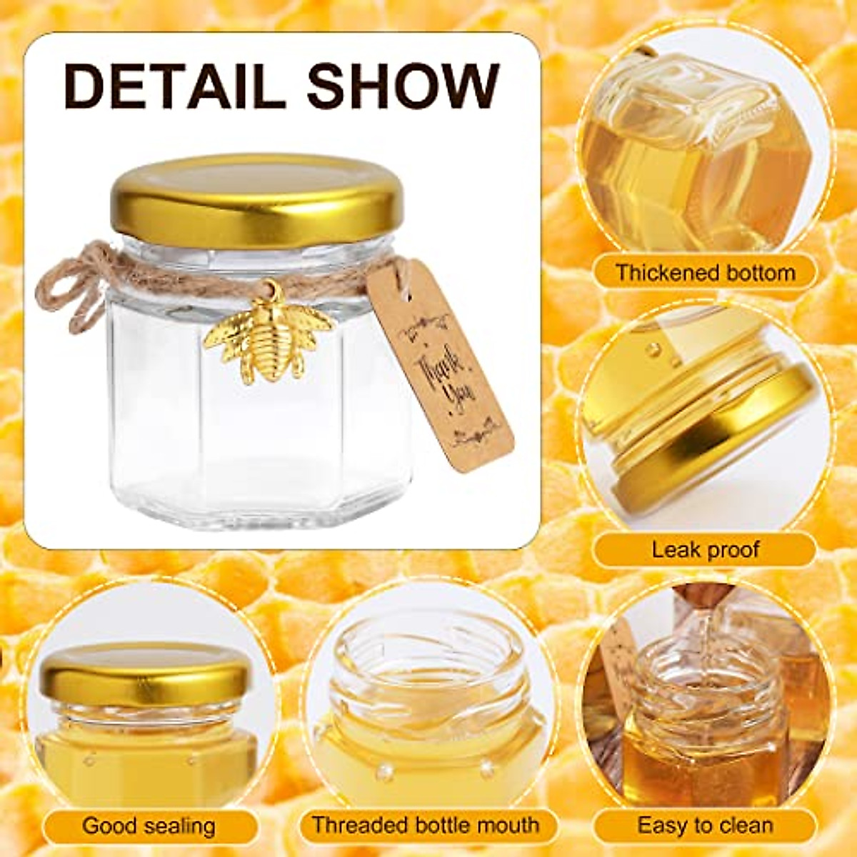 60 Pack Mini Honey Jars 1.5 Oz Glass Honey Jars with Wooden Dippers,Bee Charms,Thank You Cards,Jutes And Stickers, Hexagon Small Honey Jars with Dipper Party Favors in Bulk For Baby Shower Favors Wedd
