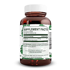 Natural Nutra Elemental Potassium Gluconate Dietary Supplement, Energy and Nervous System Health, Maintains Optimal Fluid Balance, Promotes Heart Health, 99 mg, 100 Vegan Tablets