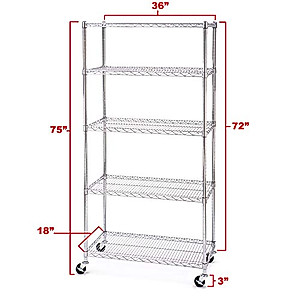 Seville Classics UltraDurable Commercial-Grade 5-Tier NSF-Certified Steel Wire Shelving with Wheels, 36" W x 18" D - Chrome