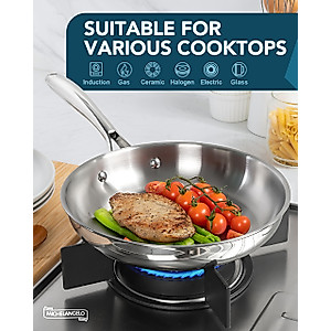 MICHELANGELO Stainless Steel Frying Pan Set, 8" / 9.5" / 11" Cooking Pans, Triply Base Stainless Steel Pan Set with Ergonomic Handle, Induction Compatible