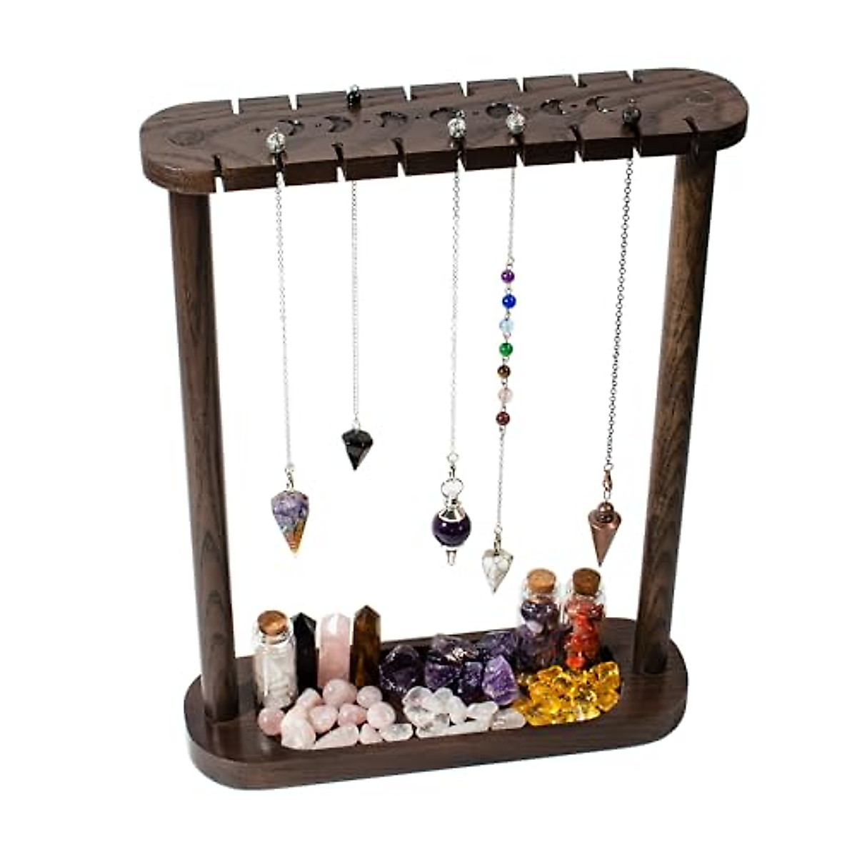 Kihomi Pendulum Display Stand with Tray | Wooden Crystal Stone Holder Up to 17 Pendulums and Crystal Pendants - Aesthetic Witchy Decor, Witchcraft and Wiccan Supplies for Your Spiritual Space (Brown)