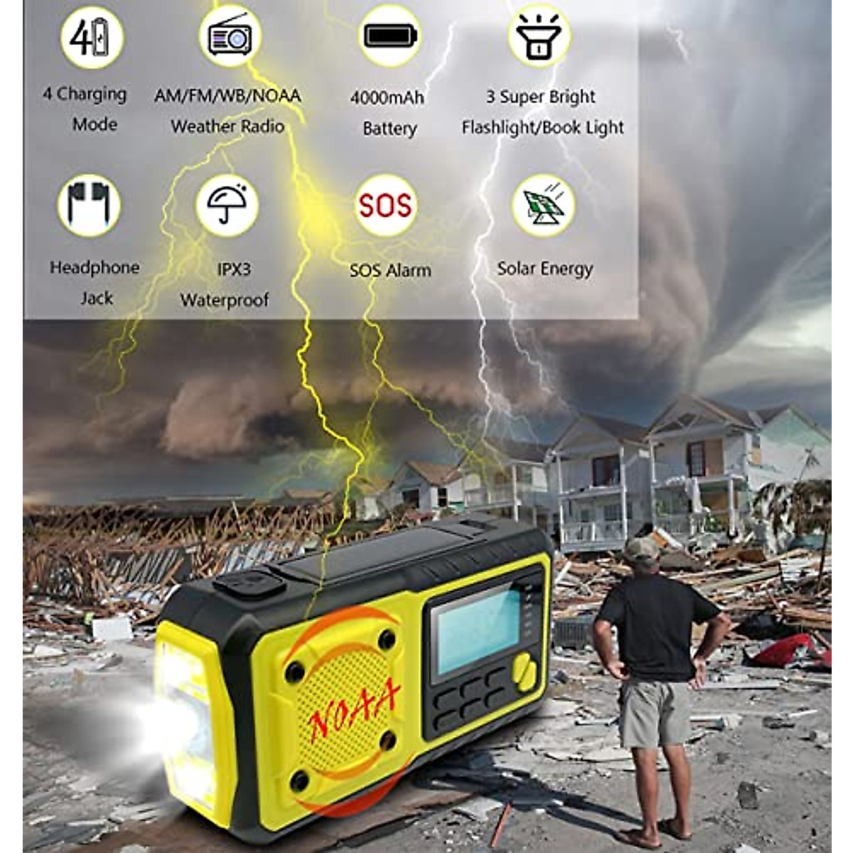 Emergency Hand Crank Weather Solar Radio, radios Portable Power Bank 4000mAh Hand Crank AM FM/NOAA Radio with LED Flashlights Reading Lamp Cellphone Charger SOS Alarm for Camping Home Outdoor