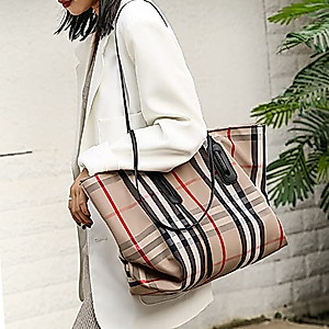 Handbags for Women Canvas Large Capacity Shoulder Bag Crossbody bags Tote Bags Ladies Top Handle Satchel Bags (Check Khaki)