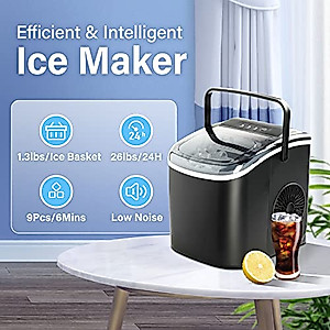 Simple Deluxe Countertop Ice Maker Machine, 9 Ice Cubes Ready in 6 Mins, 26lbs Ice/24Hrs, with Scoop & Basket, Self-Cleaning Function, for Home Kitchen Office Bar Party, Black
