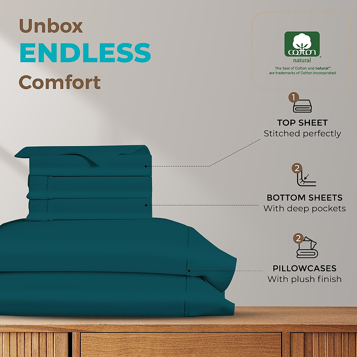 THREAD SPREAD 100% Egyptian Cotton Split King Sheets Sets for Adjustable Bed - 800 Thread Count 5 PC Top Split King Sheet for Sleep Number Bed, Soft Cooling Sheets, Fits Mattress upto 18" - Teal
