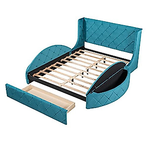 HBRR Queen Size Storage Bed Frame, Velvet Upholstered Platform Bed with Wingback Headboard, 1 Big Drawer and 2 Side Storage Stool, No Box Spring Needed, Easy Assembly, Blue