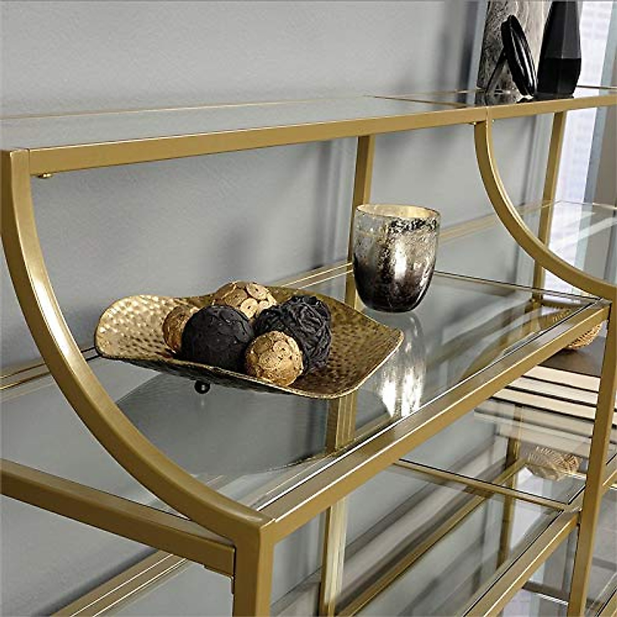 Home Square 2 Piece Living Room Set with 5 Shelf Metal Frame Bookcase and 3 Shelf Console Table in Satin Gold