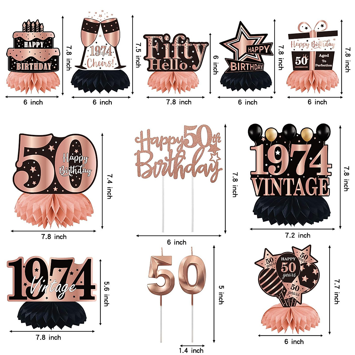12Pcs 50th Birthday Party Decorations, 1974 Rose Gold Table Centerpieces, Cake Topper and Candles Set 50th Birthday Decorations for Women