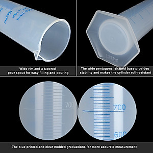 2Pack 1000ml Plastic Graduated Cylinder, 2-Sided Marking Lab Cylinders Clear Science Measuring Cylinder, Test Tube Flask for Home and School Science, Pour Spout