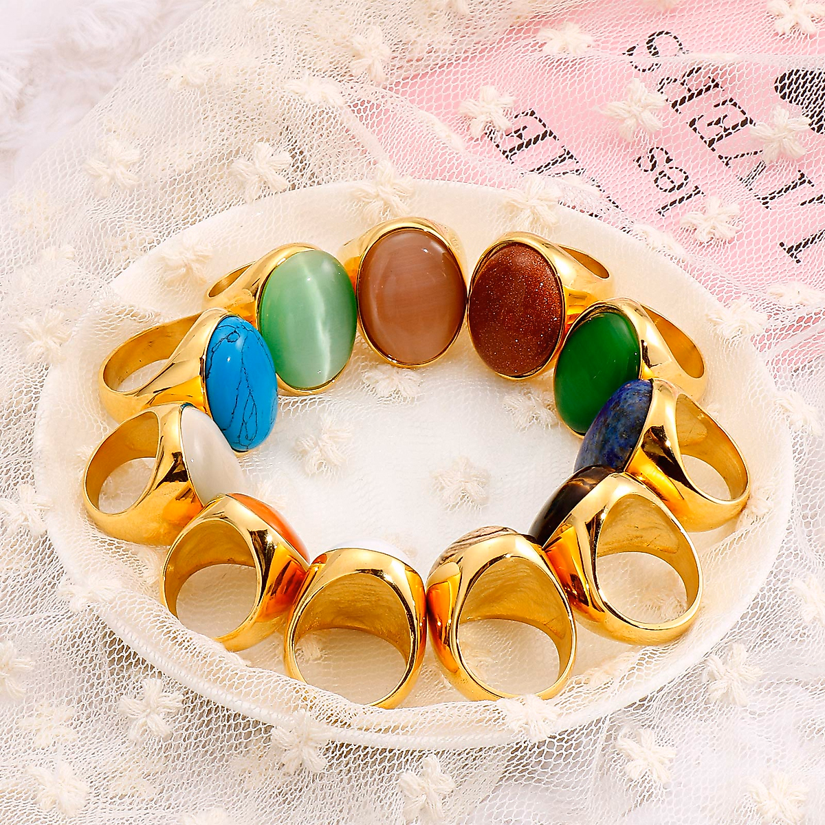 HIJONES Stainless Steel Big Oval Light Blue Cat Eye Stone Ring for Men Women Stainless Steel Wedding Promise Bands Gold Size 8