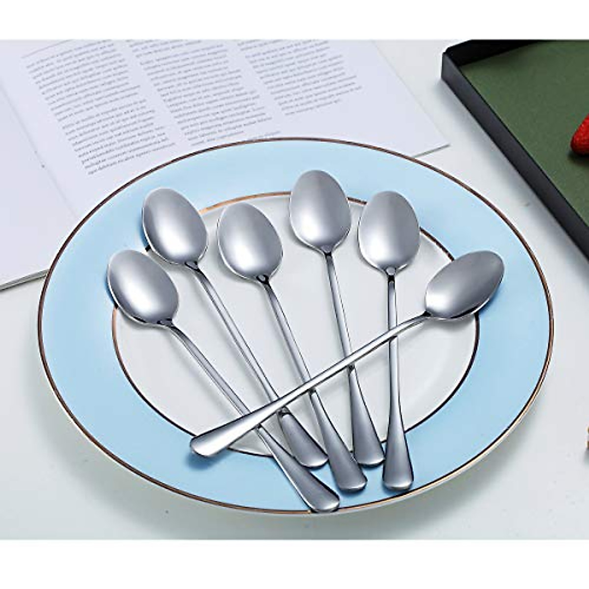 Iced Tea Spoons, Kyraton Stainless Steel 7.5" Long Handle Mixing Spoon, Coffee Spoon, Stirring Bar Spoon, Cocktail Spoon, Latte Spoon Pack of 6