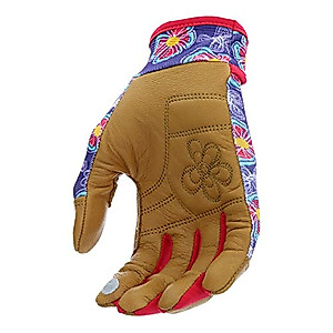 Miracle-Gro MG86212 Durable Fit Gloves – [Tan/Purple Floral Print, Medium/Large], Goatskin Leather Palm Gloves