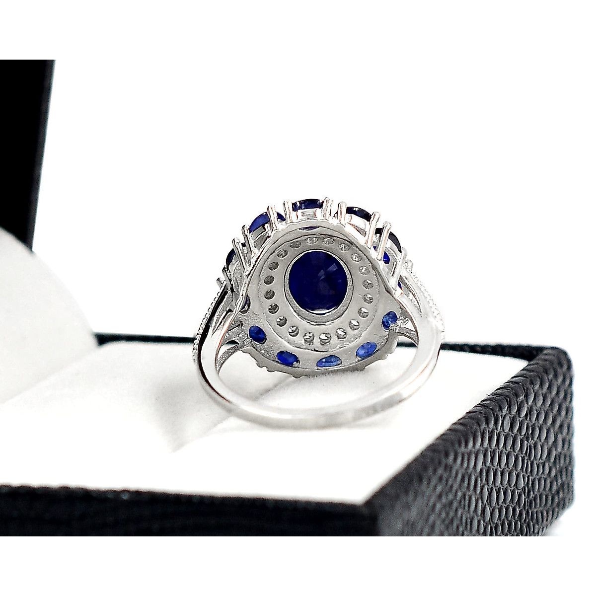 September Birthstone Natural 9X7 MM Oval Cut Blue Sapphire Gemstone 925 Solid Silver Cluster Unisex Proposal Ring Wedding Jewelry For Bridal Gift (Rhodium Plated Silver, 6)