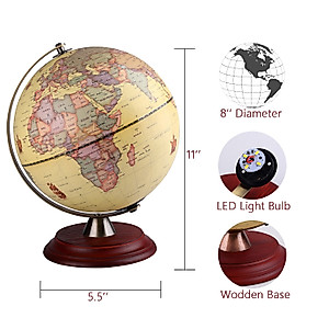TTKTK Illuminated World Globe for Kids with Wooden Stand,Built in LED for Illuminated Night View Antique Globe for Home Décor and Office Desktop 8inch