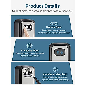Puroma Security Key Lock Box, 4-Digit Combination Waterproof Portable Key Storage Lockbox Wall Mount 5 Key Large Capacity for House Key, Special Car Key, ID Card (Black & Gray)