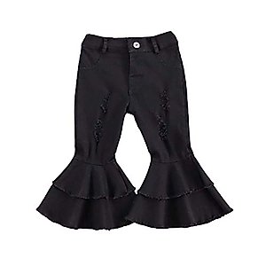 FIOMVA Toddler Baby Girls Flare Pants Solid Denim Ripped Jeans Ruffle Wide Leg Legging Trousers High Waist Bell Bottoms (B-Double Layered Ripped Black,1-2T)