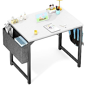 OLIXIS Small Computer Desk Home Office Modern Simple Style Table with Storage Bag & Headphone Hooks for Children Student Work Study Writing, 32 Inches, White