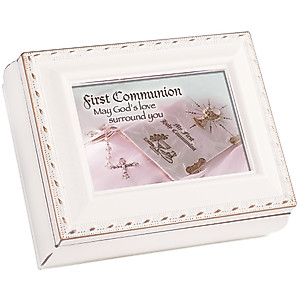 Cottage Garden First Communion Ivory Rope Trim 4.5 x 3.5 Tiny Square Jewelry Keepsake Box