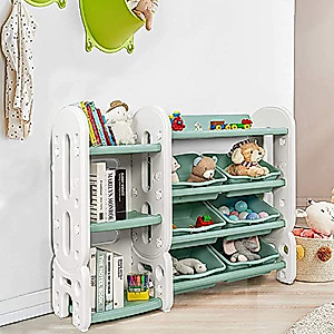 Costzon Kids Bookshelf with Toy Organizers and Storage, Multi-Purpose 4-Tier Shelf & 6 Removable Plastic Bins to Organize Books Toys, Toddler Bookcase for Playroom, Bedroom, Daycare, Nursery (Green)
