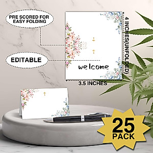 Floral Baptism Place Cards, Table Place Card for First Holy Communion Religious Party/Christening Naming Ceremony, Pink and Blue Tent Name Place Cards for Table Setting, 25 Pack(A01)