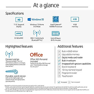 HP Stream 11-inch Laptop, Intel Celeron N3060 Processor, 4 GB SDRAM Memory, 32 GB eMMC storage, Windows 10 Home in S Mode with Office 365 Personal for one year (11-ah010nr, Aqua Blue)