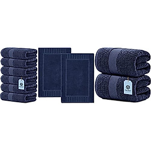 White Classic Luxury Hand Towels | 6 Pack Luxury Bath Mat | 2 Pack and Luxury Bath Sheet Towels | 2 Pack Bundle (Navy Blue)