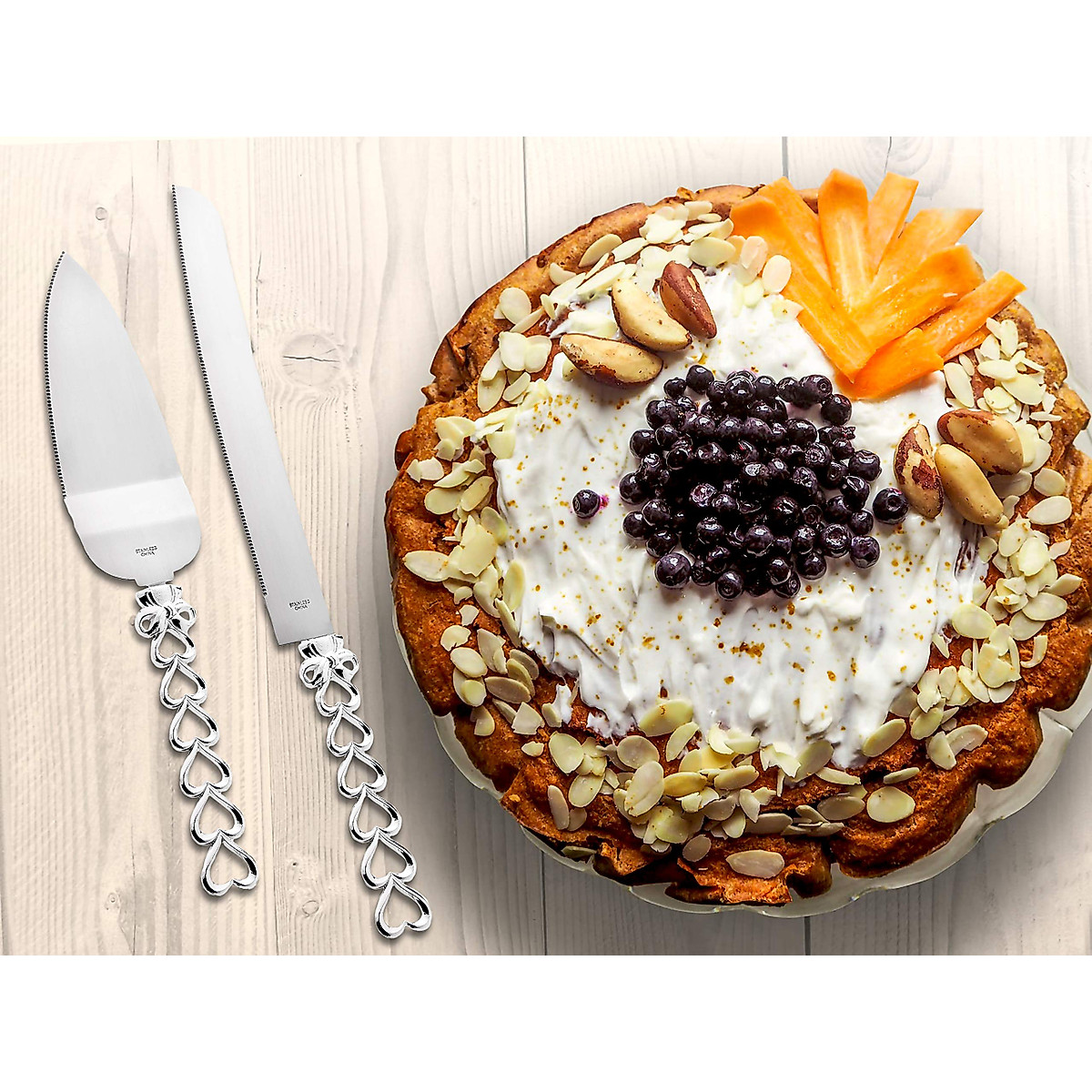 FASHONCRAFT 2559 Heart to Heart Collection Silver Metal Cake Server and Knife Set – Party Favor