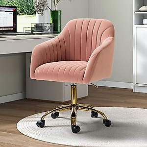 HULALA HOME Modern Velvet Home Office Desk Chair with Gold Base & Channel Back, Upholstered Swivel Computer Task Chair for Bedroom, Height Adjustable Cute Vanity Chair for Women Girls, Pink