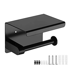 RUNAAJA Stainless Steel Toilet Paper Roll Toilet Paper Holder with Phone Shelf Adhesive Toilet Paper Holder with Shelf Stainless Steel Bathroom Tissue Roll Holder Tissue Roll Paper Dispenser (Black)