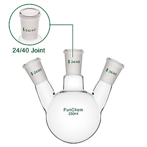 FunChem Three Necks Round Bottom Flask RBF, Glass 3-Neck Boiling Flask with 24/40 Standard Taper Outer Joint, 250 ml