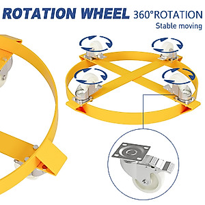GarveeTech 55 Gallon Drum Dolly, 1250 Lbs Heavy Duty Barrel Dolly Cart Drum Caddy with 5 Swivel Wheels & Steel Frame, Trash Can Dolly Non-Tipping Hand, Garbage Can Dolly for Warehouse, Yellow