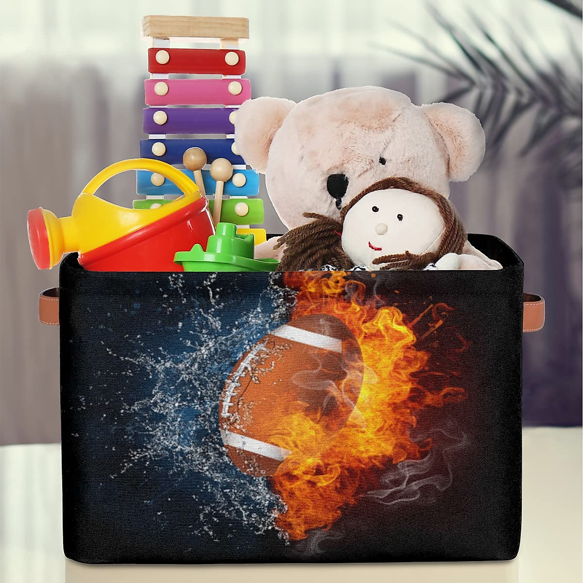 Fire Ice Football Foldable Storage Bin, Fire Water Sport Ball Fabric Storage Baskets Collapsible Decorative Baskets Organizing Basket Bin with Handles for Home Office, 2PACK