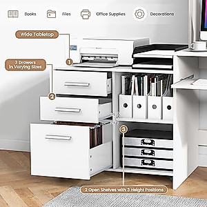 Giantex 3-Drawer File Cabinet for Office - Home Mobile Lateral Filing Cabinet with Hanging Bars, Open Storage Shelves, 5 Universal Wheels, Printer Stand for Letter Size Storage Cabinet (White)