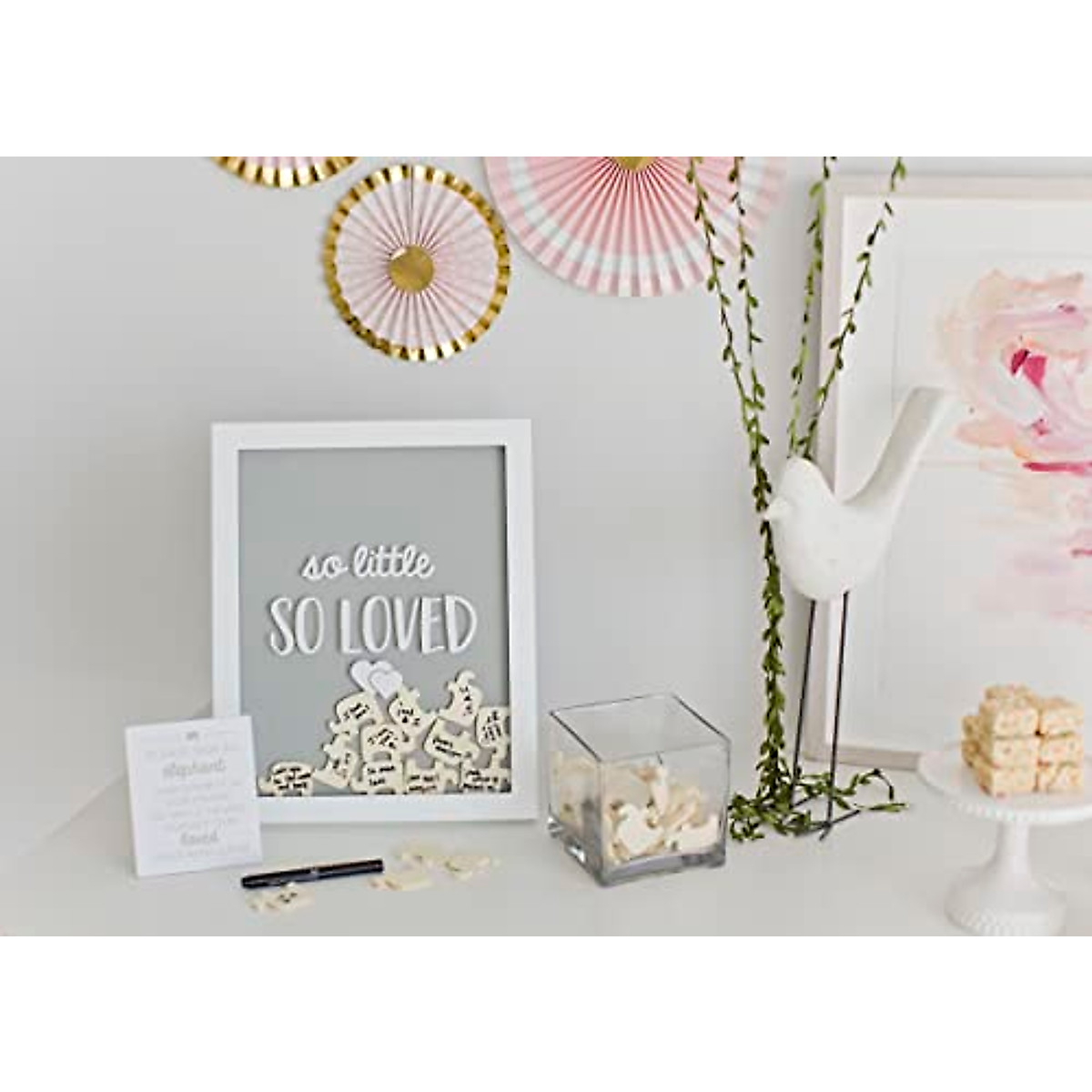 Pearhead So Little So Loved Wooden Elephant Token Frame, Little Wishes Signature Baby Shower Guestbook Alternative, Gender-Neutral Pregnancy Keepsake With 65 Signature Tokens and Pen, Gray and White