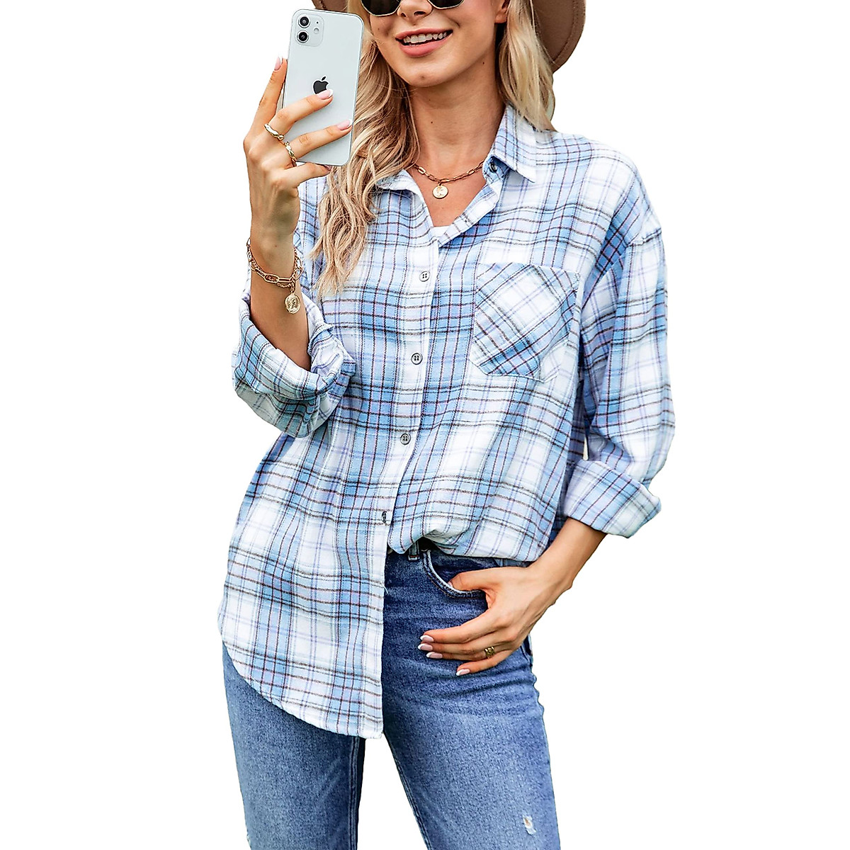 Megfie Oversized Womens Flannel Plaid Soft Flannel Button Down Shirt Roll Up Long Sleeve Flannel Plaid Shirt Blouses Women(0070-SkyBlue-L)