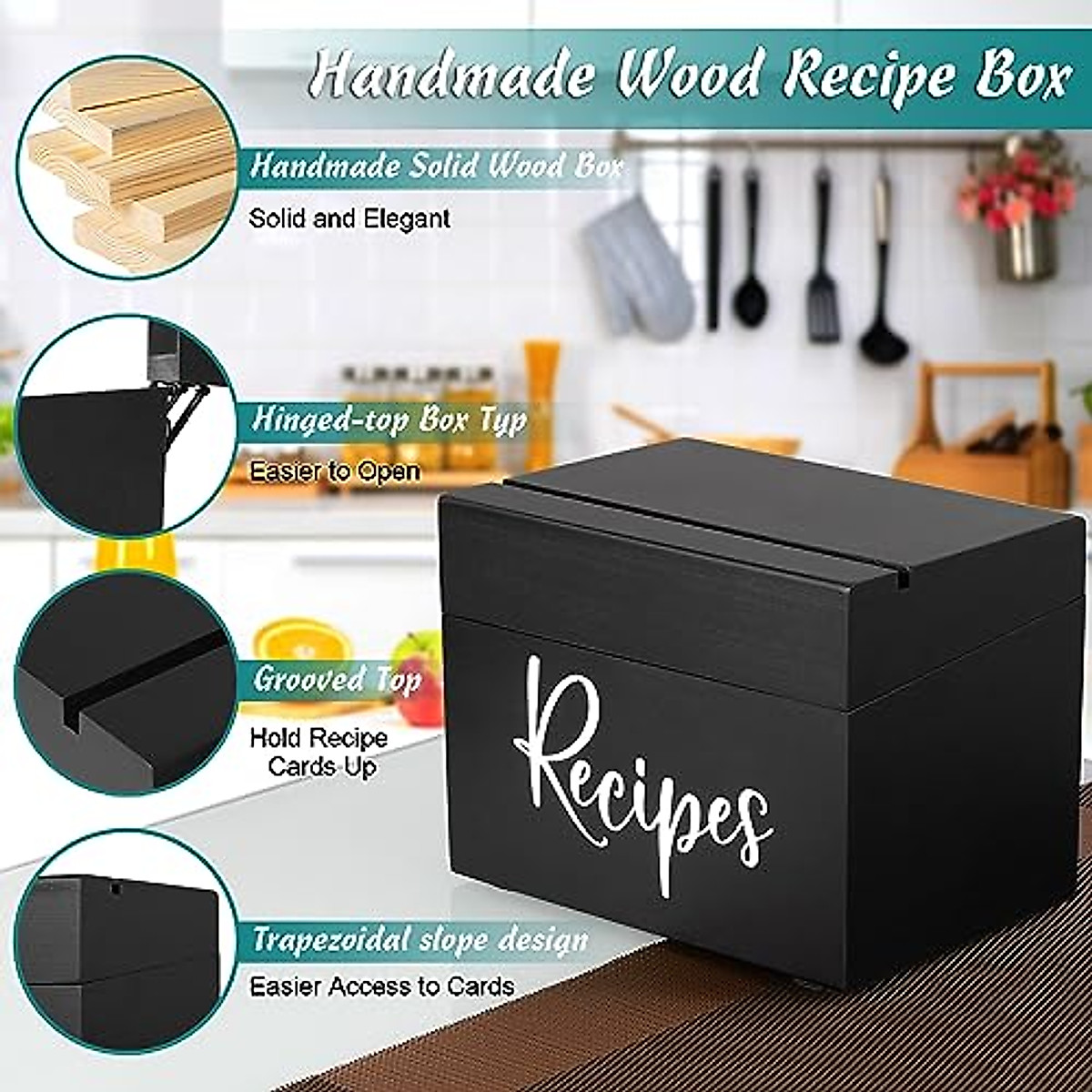 DRASTAR Recipe Box, Wooden Recipe Organizer, Recipe Holder Box with 50 Recipe Cards 4"x6" & 6 Dividers, Recipe Book to Write in Your Own Recipes