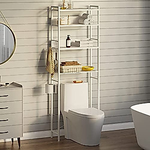 Rolanstar Over The Toilet Storage, 4-Tier Wooden Bathroom Space Saver with Hooks, Freestanding Bathroom Organizer, Multifunctional Over The Toilet Storage Rack, Bathroom Toilet Rack, White