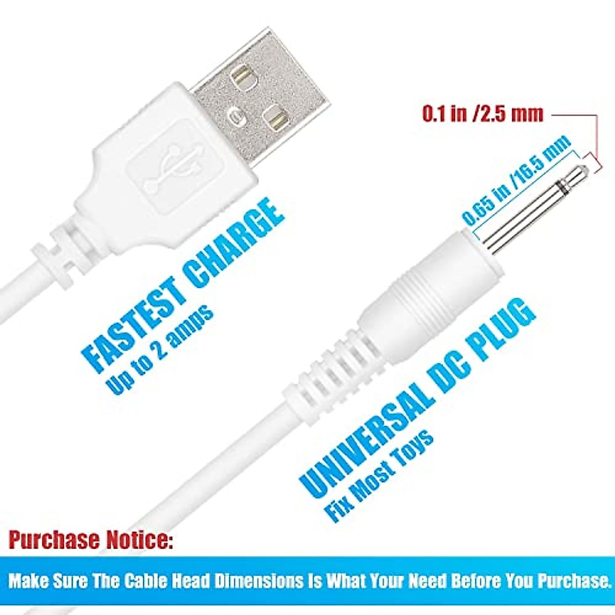 3 Pack Replacement DC Charging Cable 2.5mm with Fast DC USB Charger Cable Cord Adapter Technology for Universal Vibrating Wand Massagers and Toys, 2ft White