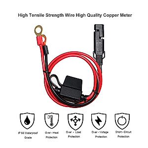 [2 PACK] SPARKING 2FT Motorcycle Battery Charger Cord, Sae to O Ring Terminal Quick Disconnect Assembly Extension Cable, Sae 2Pin Wire Harness Reverse Polarity Adapter Port Accessory, 10A Fuse