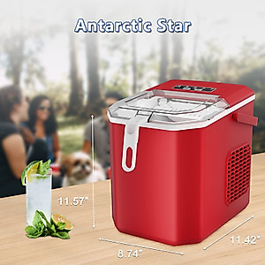 Antarctic Star Countertop Ice Maker Portable Ice Machine with Handle,Self-Cleaning Ice Makers, 26Lbs/24H, 9 Ice Cubes Ready in 6 Mins, S/L ice, for Home Kitchen Bar Party (Red)