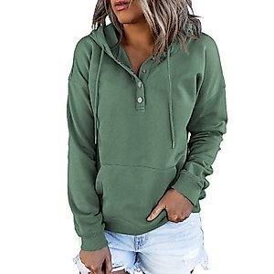 Dokotoo Women's Fashion Hoodies & Sweatshirts Drawstring Long Sleeve Front Button Collar Hooded Pullover with Pockets Winter Sweatshirts for Women Plus Size Casual Ladies Fall Shirt Tops XXL Green