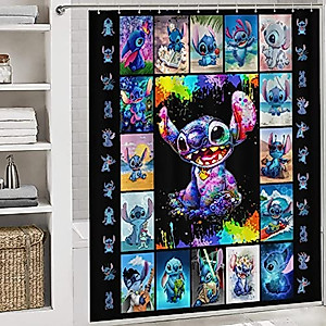 4 Piece Cartoon Shower Curtain Sets with Non-Slip Rug, Toilet Lid Cover, Bath Mat and 12 Hooks, Waterproof Shower Curtains with Rug Set for Bathroom Decor