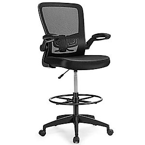 MEDIMALL High Back Mesh Drafting Chair, Tall Office Chair w/Flip-up Armrests & Footrest Ring, Height Adjustable Design, Solid Metal Frame, Rolling Ergonomic Desk Chair for Home Office