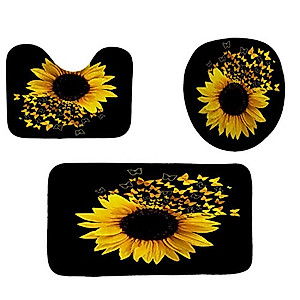 Yuaobeimei Golden Sunflower and Butterfly Floral Patterned Shower Curtain Set 4 Pieces 3D Printing Floral Bathroom Decor with Bath Rugs Mat,and 12 Hooks, 71x71inch