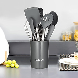 Fashionwu Silicone Cooking Utensil Set, 13 Pcs Nonstick Heat Resistant Silicone Cookware Set with Storage Bucket, Stainless Steel Handle Kitchen Utensil Set, Gray