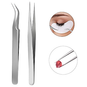 2Pcs Professional Stainless Steel Nail Art Tweezers Curved Straight Tip False Eyelash Extension Nippers Clip Tweezers Set for Nail Art Sticker Rhinestone Eyelash Picker Nail Design Beauty Tool, Silver
