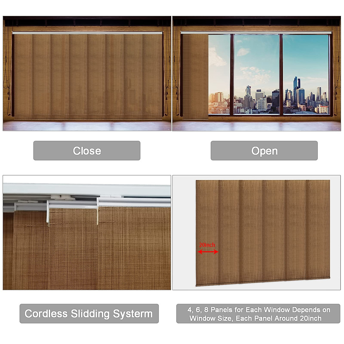 LETAU Cordless Track Blinds Slidding Panels, 100% Blackout Made to Order Vertical Blinds for Slidding Doors, Large Windows, Open Spaces and Room Dividers, Light Brown