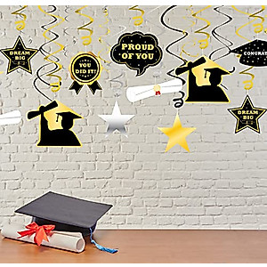 42PCS Graduation Decorations 2023 Hanging Swirls Party Supplies - Grad Star/Mortarboards/Diplomas Ceiling Foil Ornaments（Black,Silver,Gold）